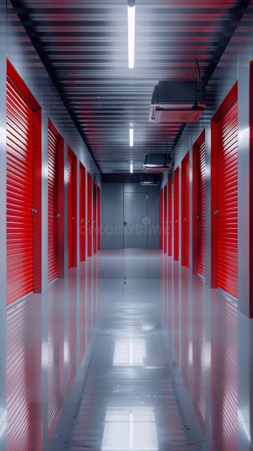 Modern Indoor Storage Facility with Red Roller Doors, Symmetrical View ...
