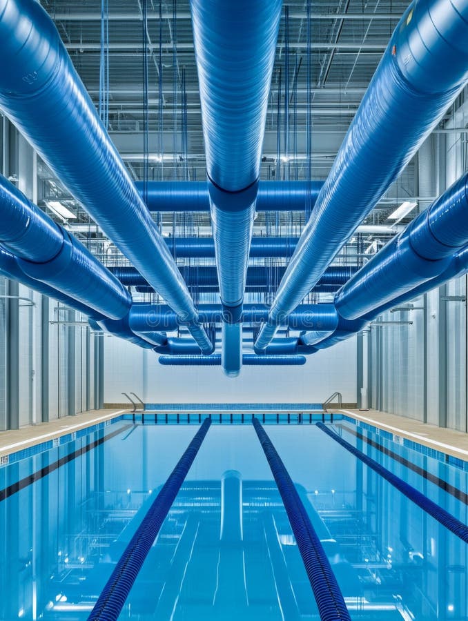 Indoor Swimming Pool with Ceiling Pipes and Reflections in a Modern ...