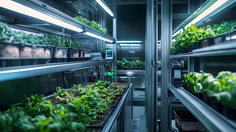 Modern Indoor Vertical Farm with Green Plants Under LED Lights Stock ...