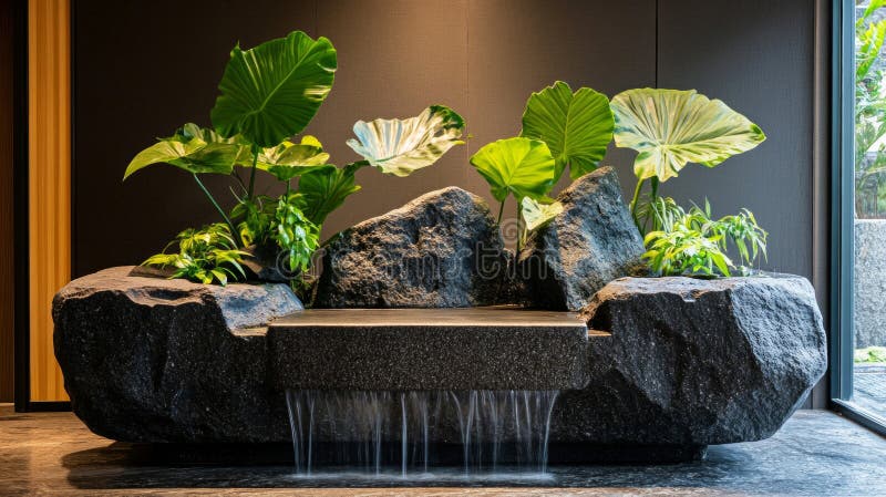 Modern Indoor Water Feature with Black Rocks and Lush Greenery Stock ...