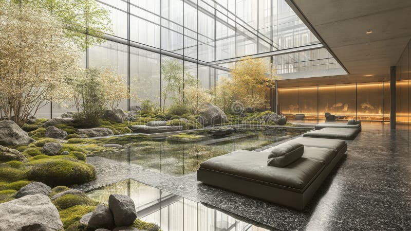Modern Indoor Zen Garden with Low Seating and Reflective Floor Stock ...