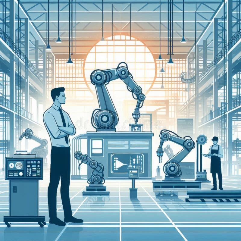 Modern Industrial Advanced Robotic Assembly Line in a Futuristic Factory Working Alongside Human ...