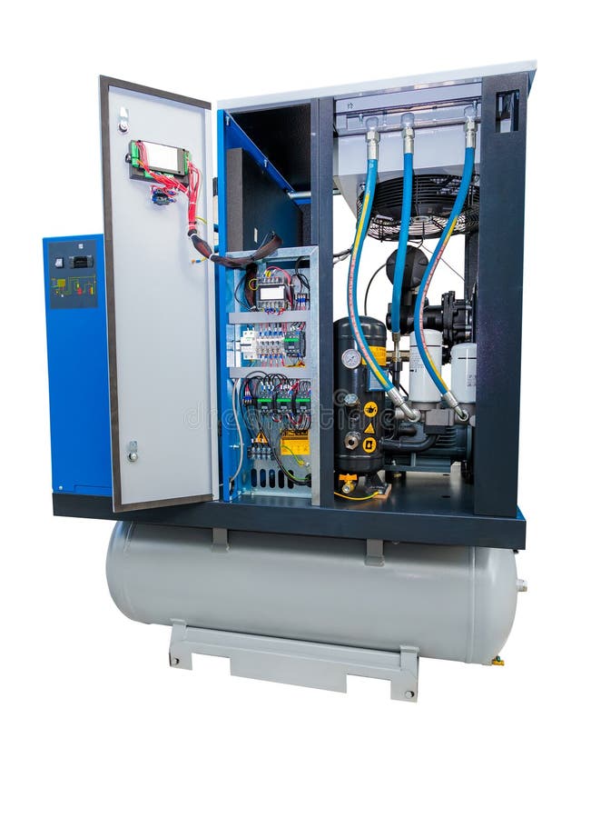 Modern Industrial Air Compressor with Open Control Panel Showing ...