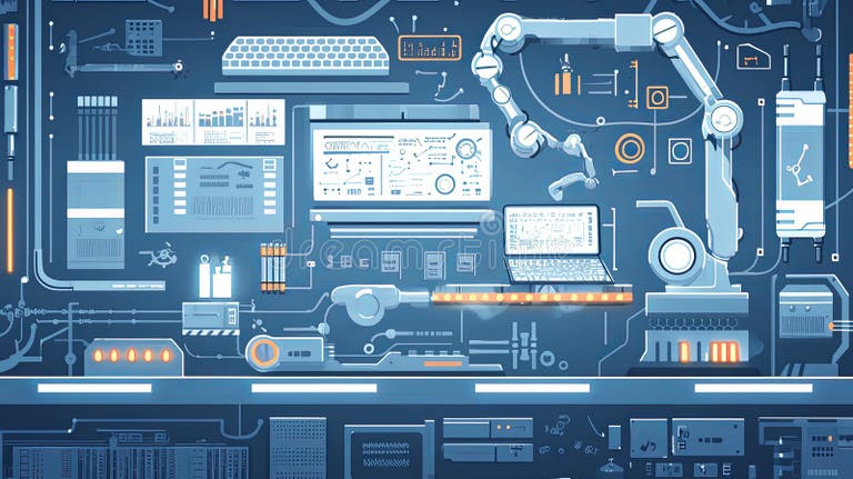 Modern Industrial Automation Setup with Computer Interfaces and Robotic ...