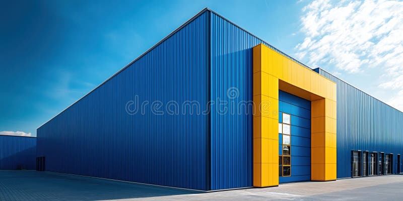 Modern Industrial Building Blue Yellow Facade Under Clear Sky Stock ...