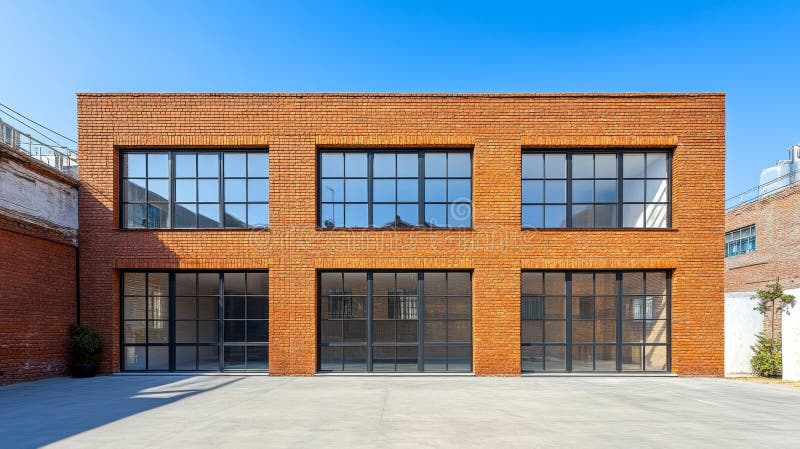 Modern Industrial Building Facade with Large Windows and Red Brick ...