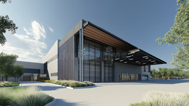 A Modern Industrial Building with Large Glass Windows and a Spacious ...