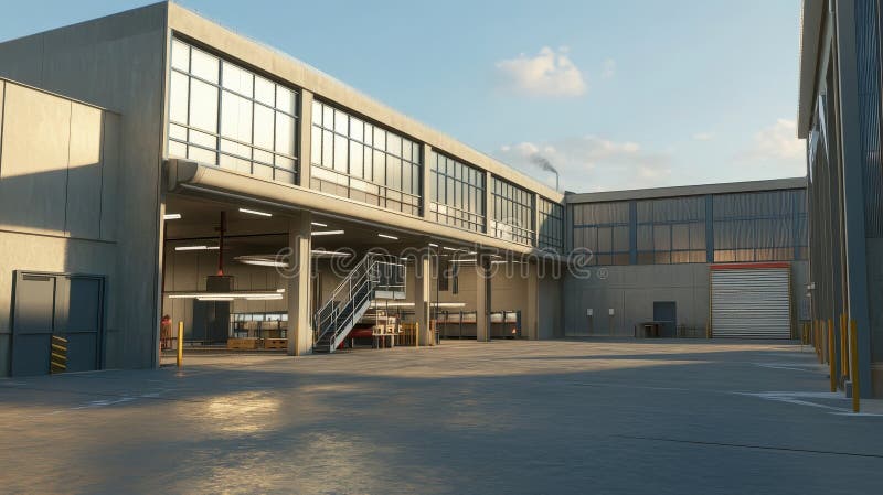 Modern Industrial Building with Large Windows and a Loading Area Stock ...