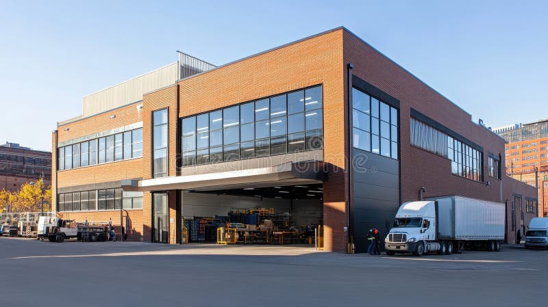Modern Industrial Building with Large Windows and Loading Area for ...