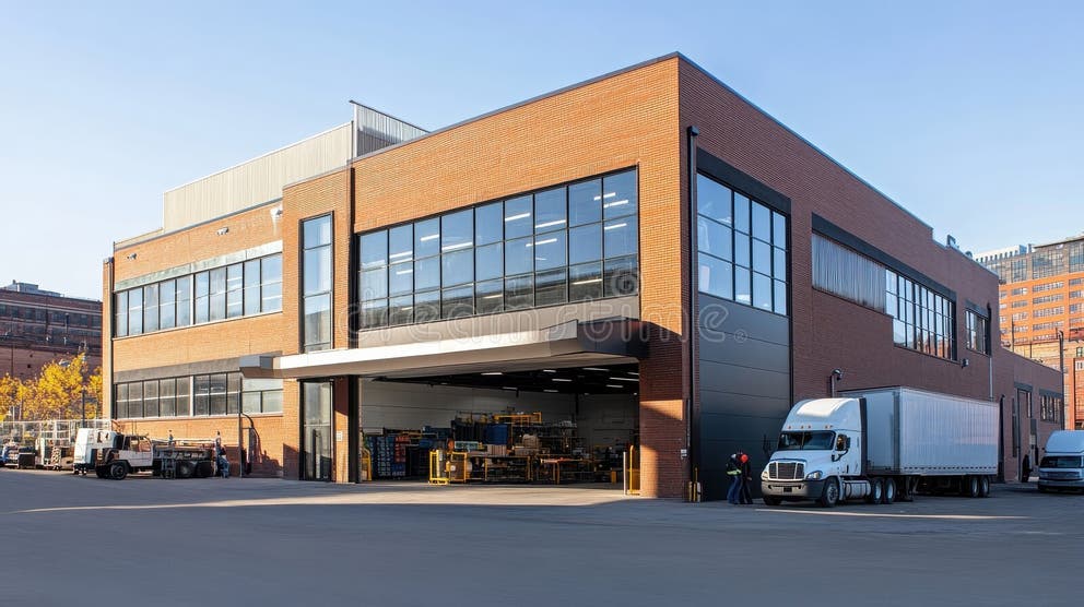 Modern Industrial Building with Large Windows and Loading Area for ...