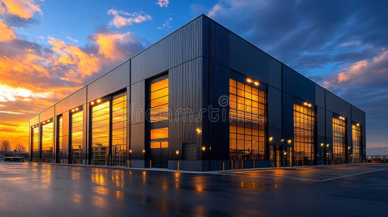 Modern Industrial Building with Large Windows at Sunset Showcasing ...