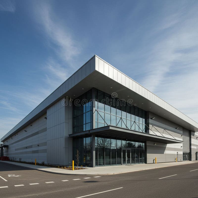 Modern Industrial Building with Sleek, Angular Design Featuring a Mix of Metal and Stock ...