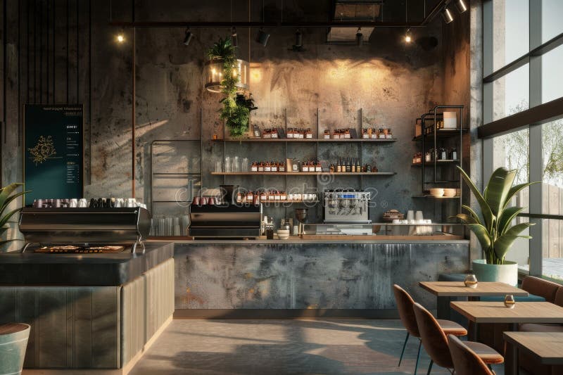 Modern Industrial Coffee Shop Interior with Rustic Touches and Warm ...