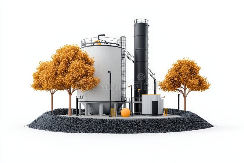 Modern Industrial Complex Featuring Storage Tank, Chimney, and Trees ...