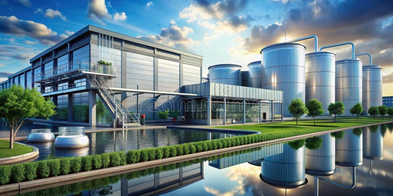 Modern Industrial Complex with Reflecting Pond and Lush Landscaping ...