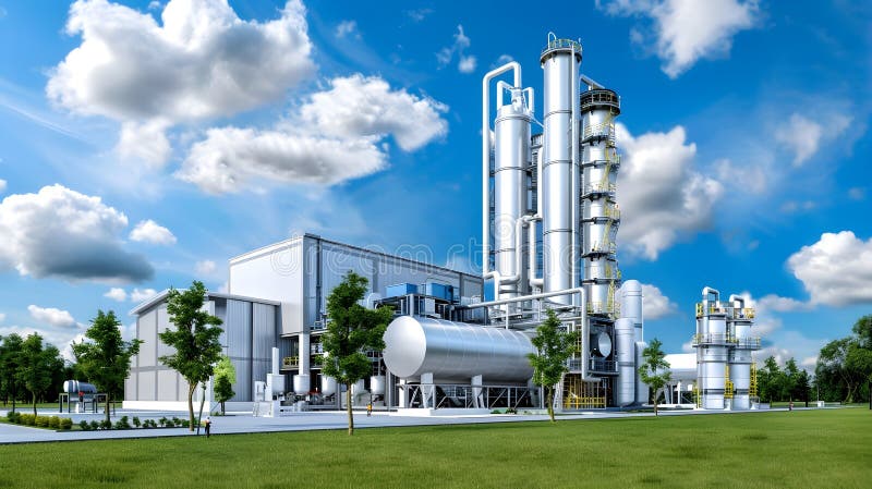 Modern Industrial Complex with Silos and Clear Blue Sky Background ...