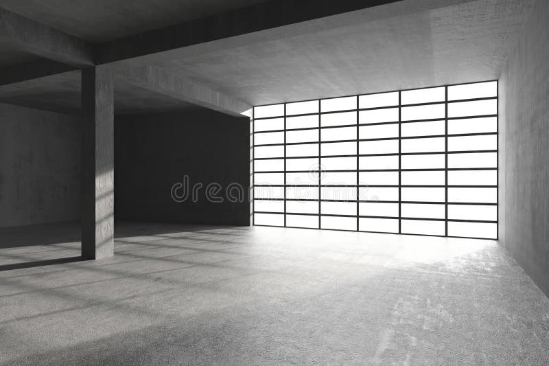 Modern Industrial Concrete Interior with Large Grid Window Stock ...