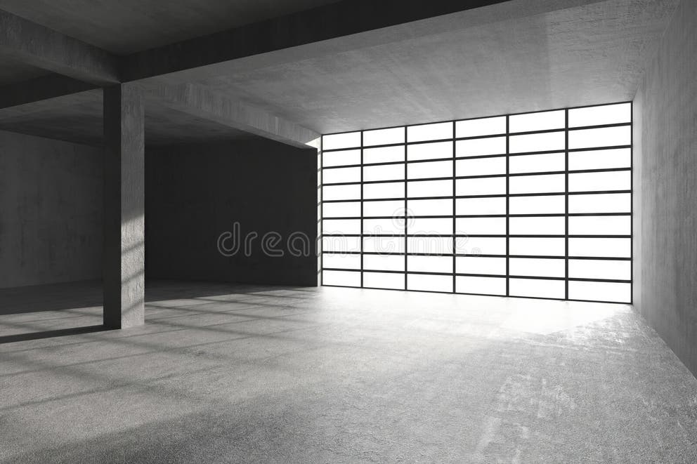 Modern Industrial Concrete Interior with Large Grid Window Stock ...