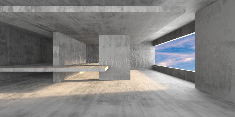 Modern Industrial Concrete Interior with Large Sky View Window. 3d ...