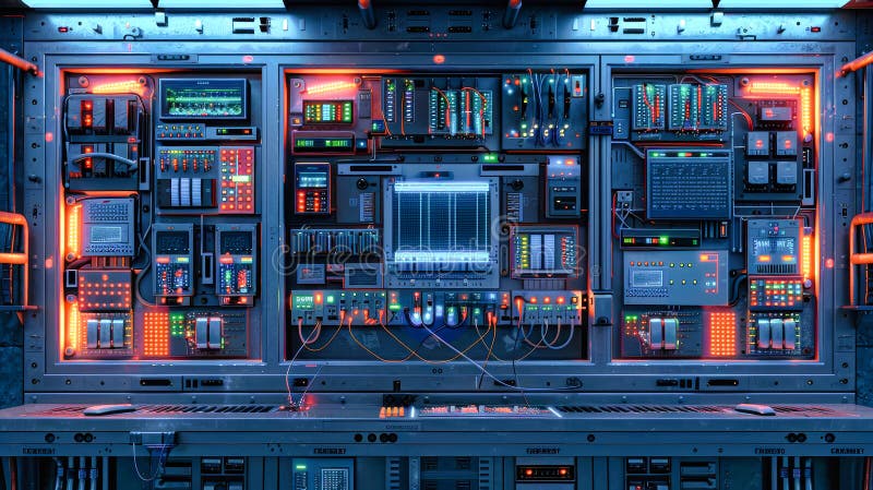 A Modern Industrial Control Cabinet Illuminates with Blue Light ...