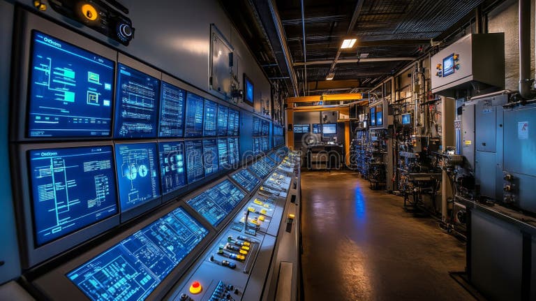 Modern Industrial Control Room with Blue Digital Screens and Complex ...