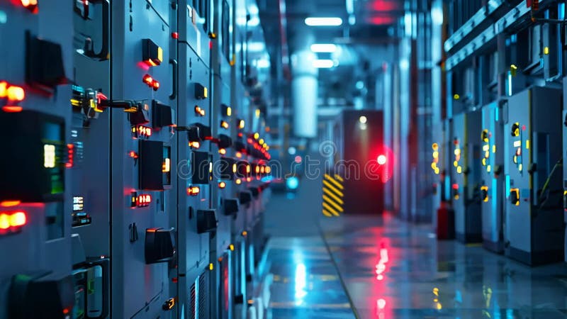 Modern Industrial Control Room with Illuminated Panels and Rows of ...