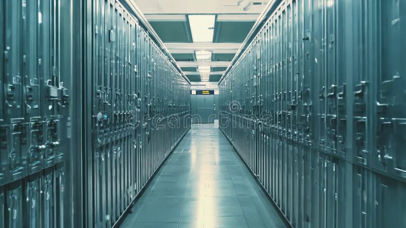 Modern Industrial Corridor with Metallic Server Room Cabinets in High ...