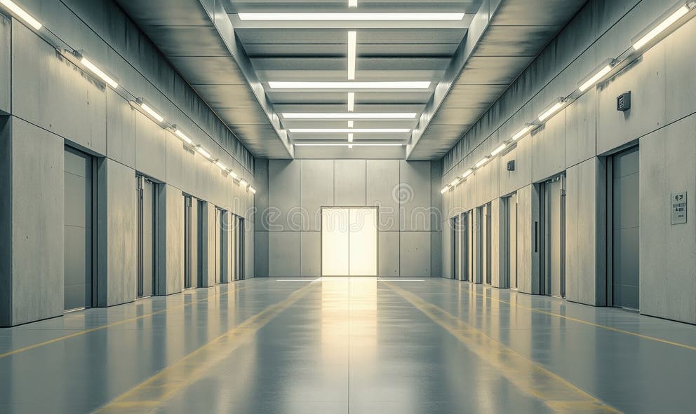 Modern Industrial Corridor with Multiple Elevator Doors and Bright ...
