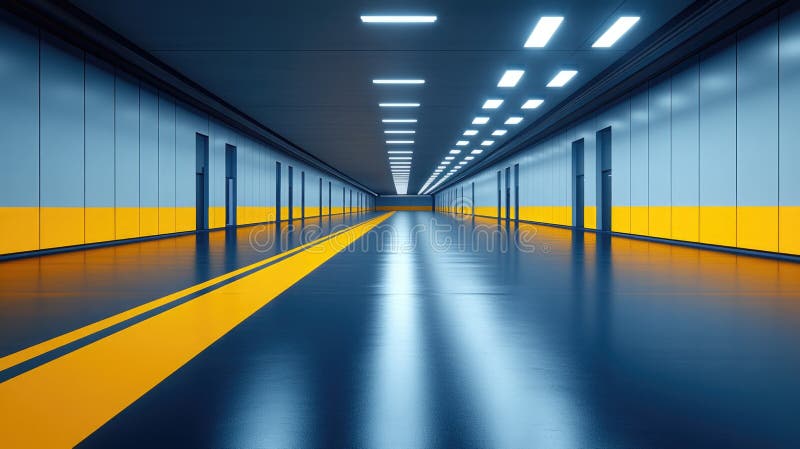 Modern Industrial Corridor with Vibrant Yellow and Blue Design Elements ...