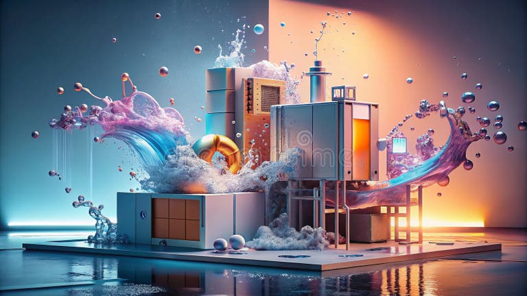 Modern Industrial Design Kit Gray Organic Elements with 3D Floating Objects and Dynamic Water ...