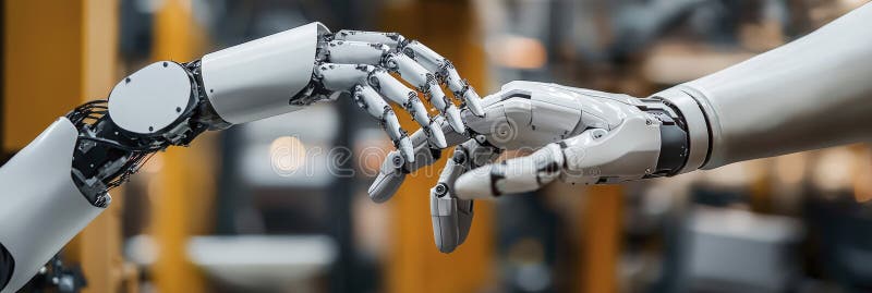 Two Robotic Hands Connecting in an Industrial Setting Stock ...