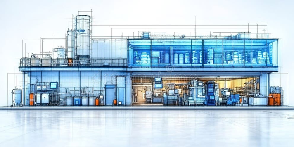 Modern Industrial Facility Design with Blueprint Elements Showcasing ...