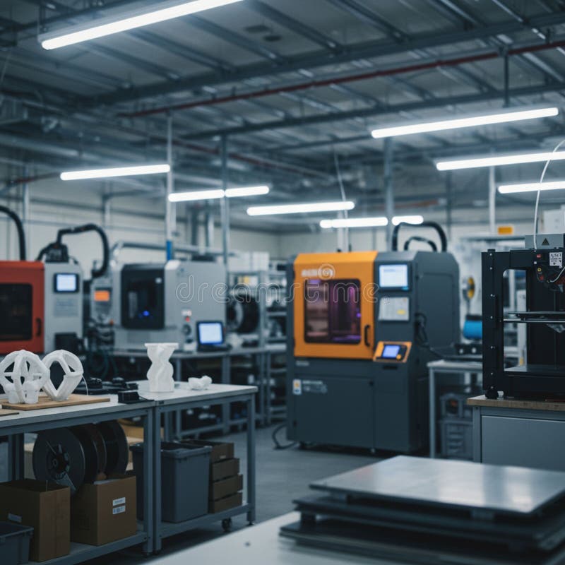 A Modern Industrial Facility Featuring Advanced 3D Printing Machines. Multiple Printers Stock ...