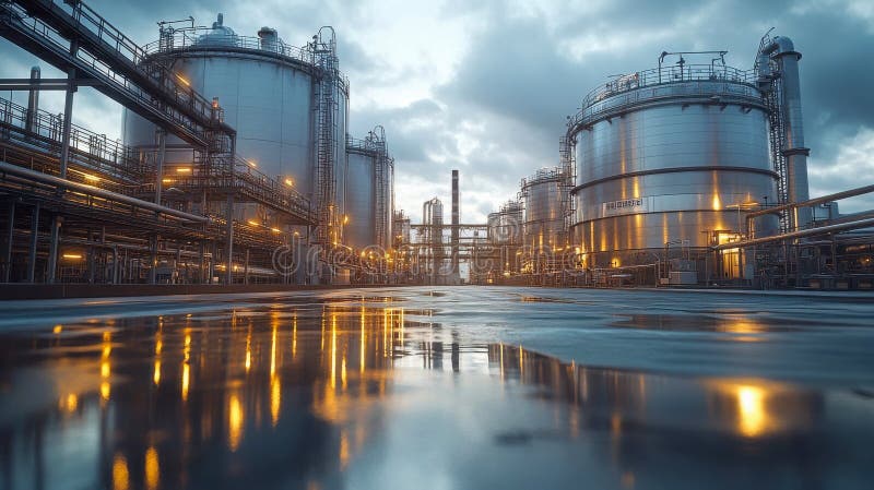 A Modern Industrial Facility with Illuminated Storage Tanks Reflecting ...
