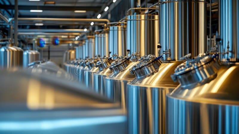 Modern Industrial Facility Interior with Rows of Large Stainless Steel ...