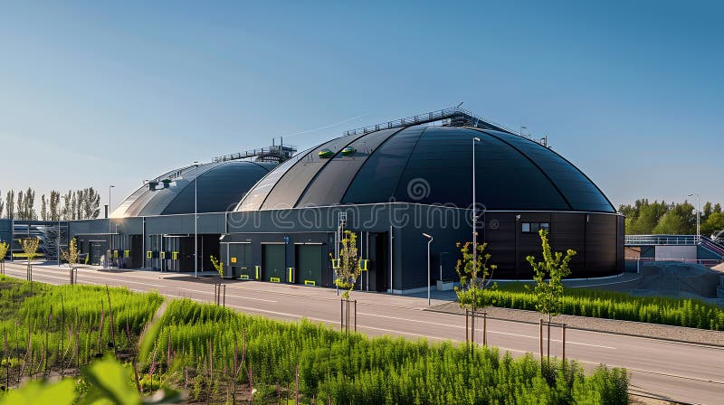 Modern Industrial Facility with Large Dome Structures Surrounded by Green Landscape and Clear ...