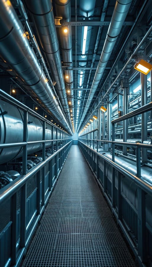 Modern Industrial Facility Shows Complex Pipe Network. Metal Ducts, Machinery Design ...