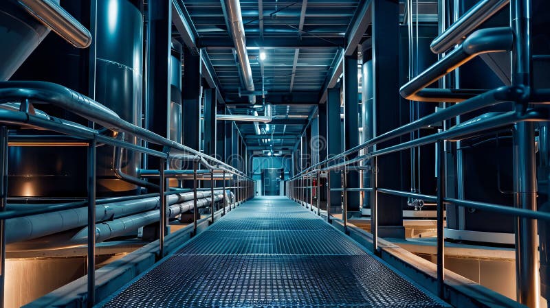 Modern Industrial Facility Walkway with Metal Framework and Piping ...