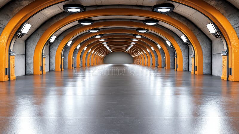 Modern Industrial Hallway with Orange Arches and Soft Lighting in an ...