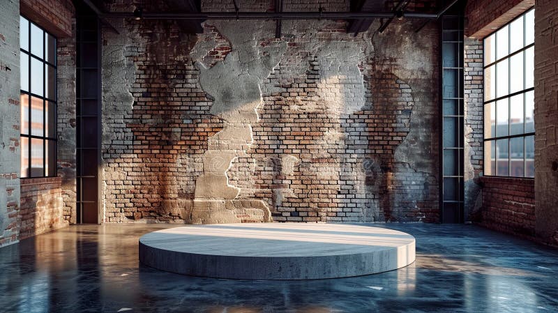 Modern Industrial Interior with Circular Stage and Textured Brick Wall ...