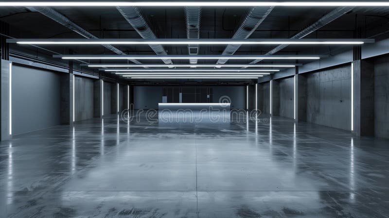 Modern Industrial Interior with Concrete Flooring and Fluorescent ...