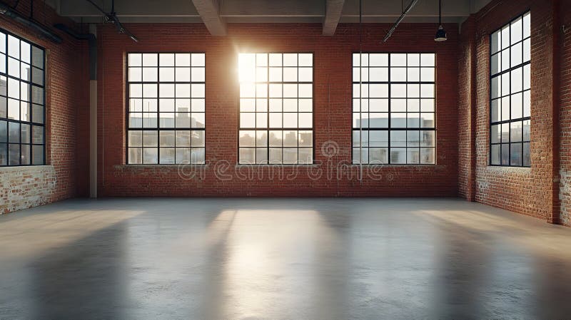 Modern Industrial Interior with Exposed Brick and Tall Windows Flooded ...