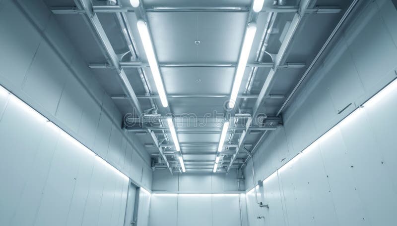 Modern Industrial Interior Featuring Fluorescent Lighting, Ventilation System. Architecture Tech ...