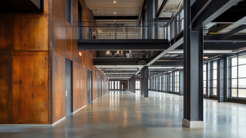 Modern Industrial Interior with Large Windows and Rust-colored Walls ...