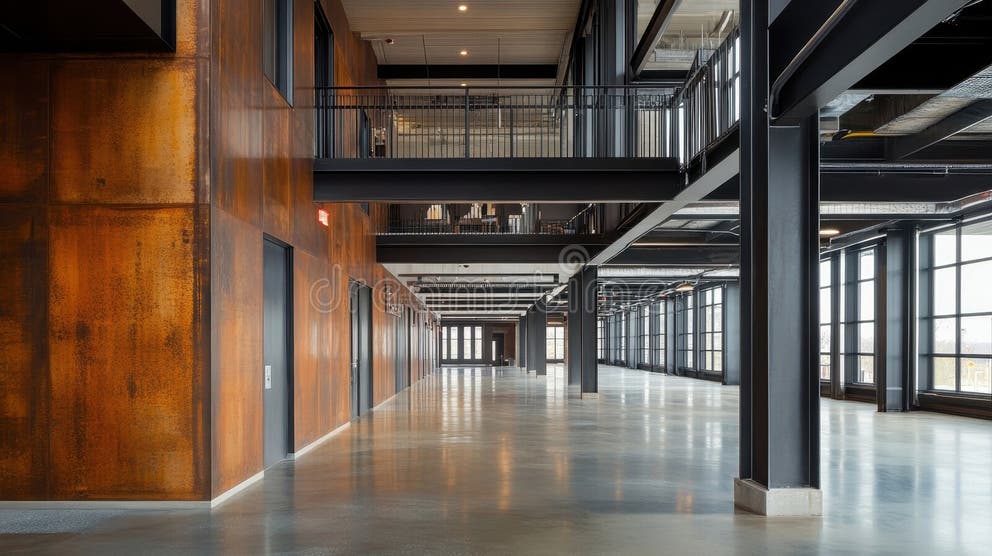 Modern Industrial Interior with Large Windows and Rust-colored Walls ...