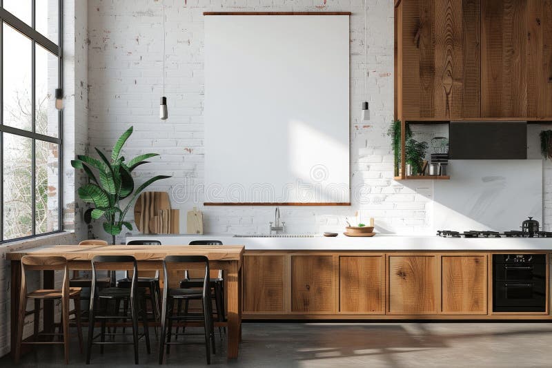 Modern Industrial Kitchen Interior with Blank Canvas on Wall Stock ...