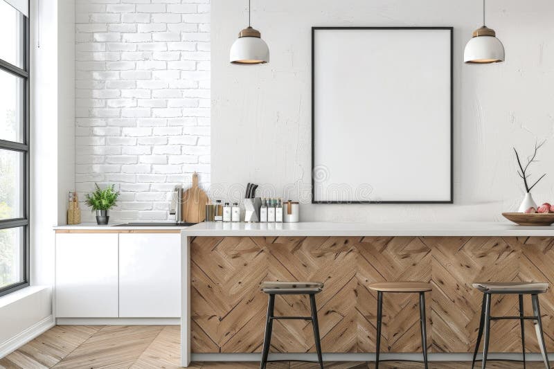 Modern Industrial Kitchen Interior with Blank Canvas on Wall Stock ...