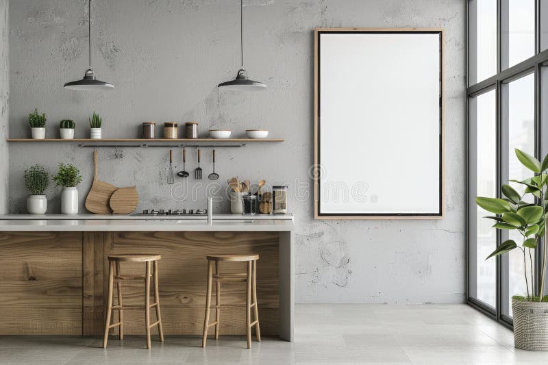 Modern Industrial Kitchen Interior with Blank Canvas on Wall Stock ...