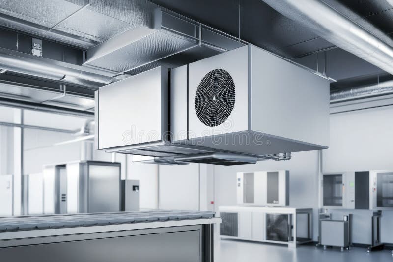 Modern Industrial Kitchen with Overhead Ventilation System and Storage ...