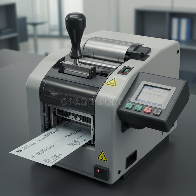 A Modern Industrial Label Printer is Depicted, Featuring a Gray Body ...